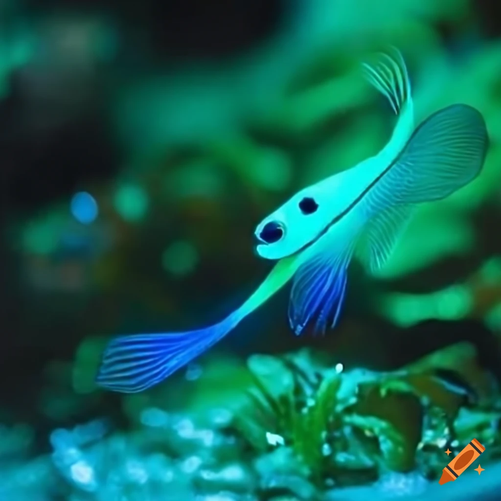 Vibrantly-colored marine plant-fish hybrid with seaweed-like fins and ...