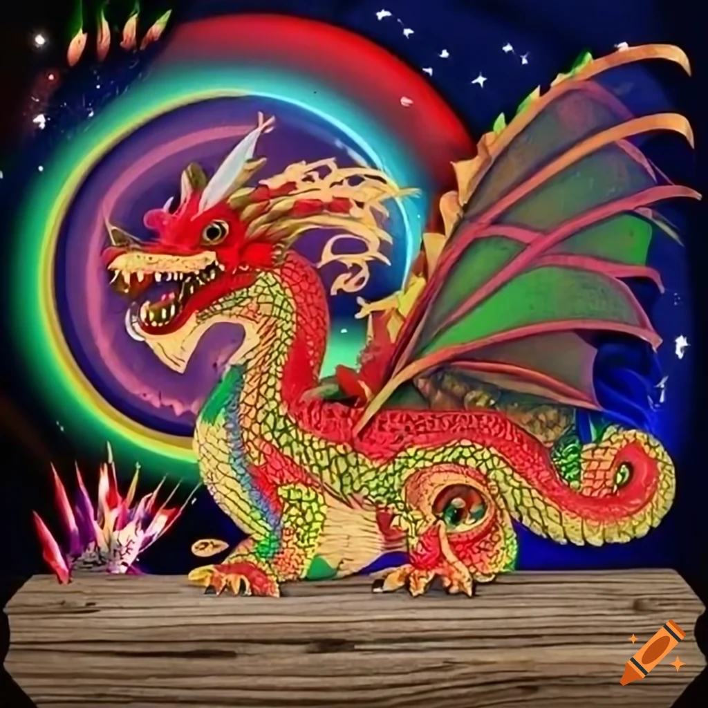 Colorful festive image of a friendly dragon in a wood area with ...
