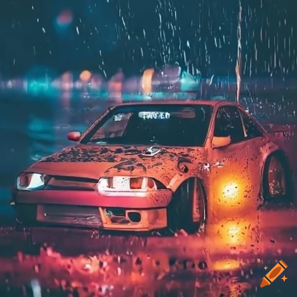 Drift car parked at night in the rain on Craiyon