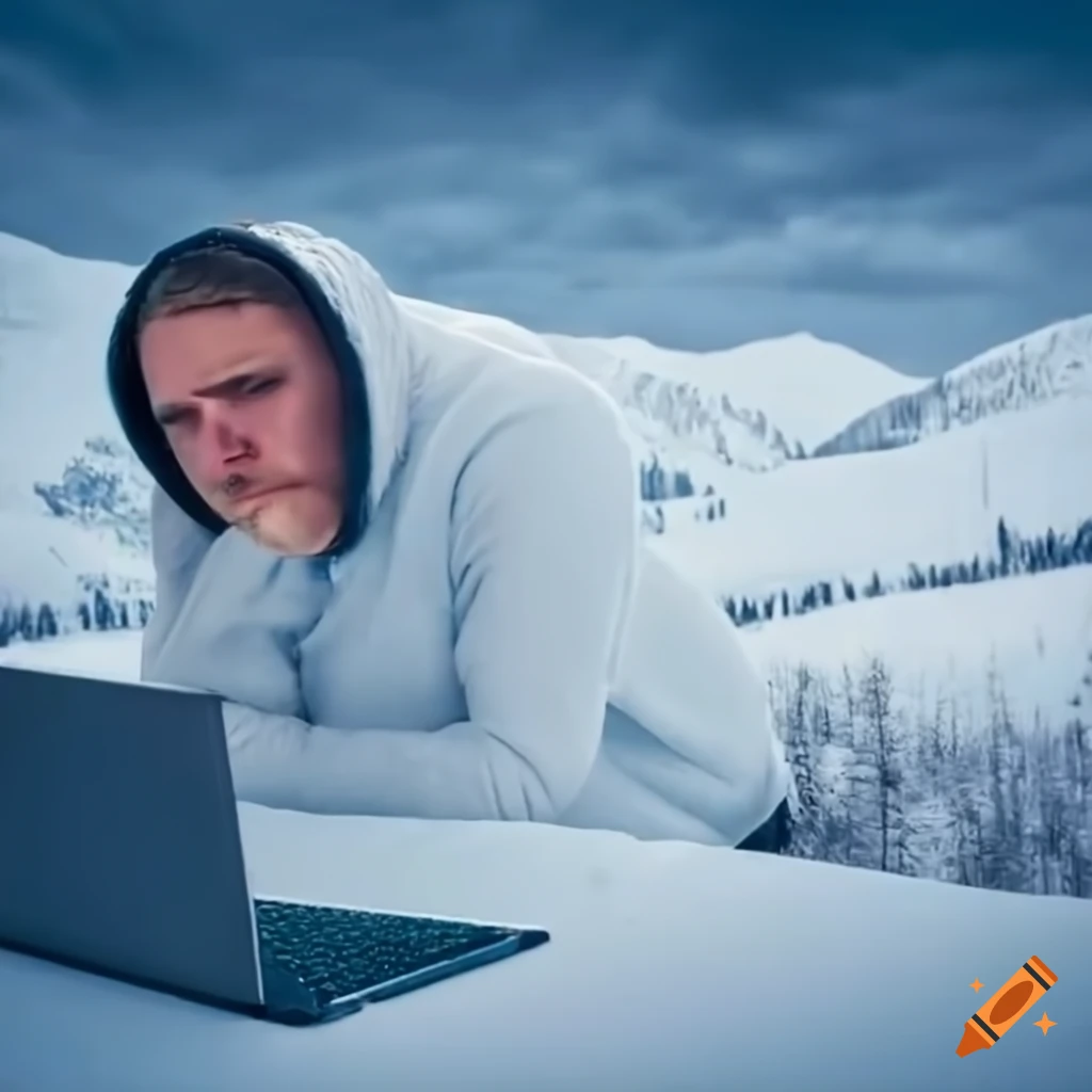Sad man with a computer in snowy mountains on Craiyon