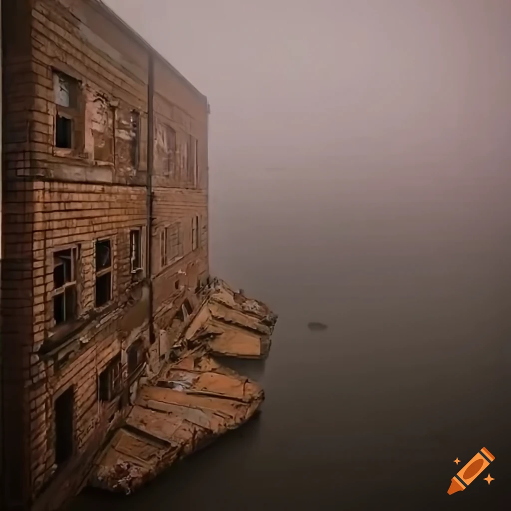 Close-up of crumbling abandoned buildings sinking into the ocean in a ...