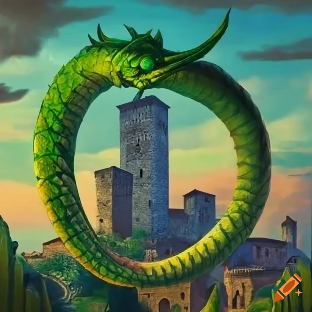 Giant green ouroboros encircling medieval towers in a fantasy artwork on Craiyon