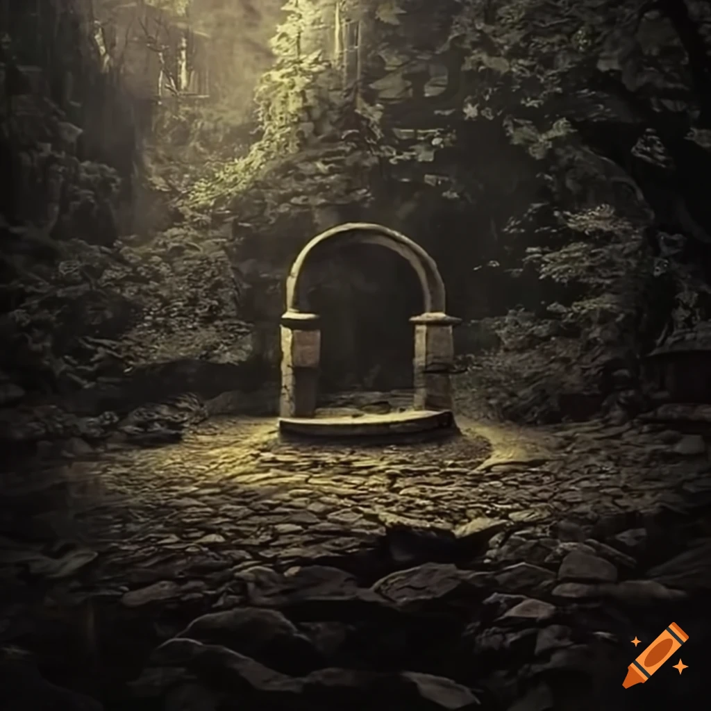 Ominous and spooky stone well in a secluded park on Craiyon