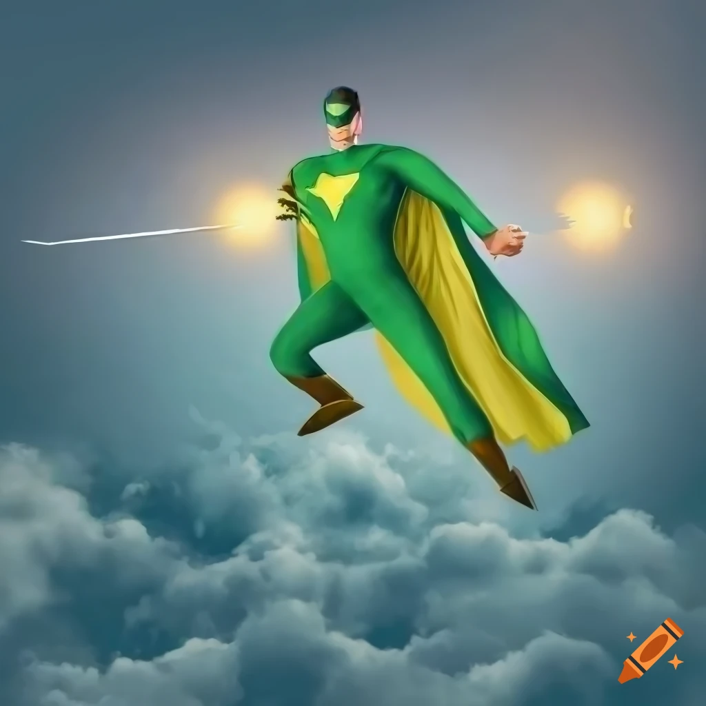 Superhero in green suit flying with sword above the clouds at sunset on ...