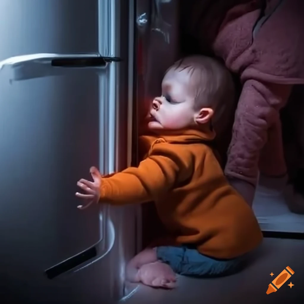 Two small handymen coming out of a crowded fridge in icy darkness on ...