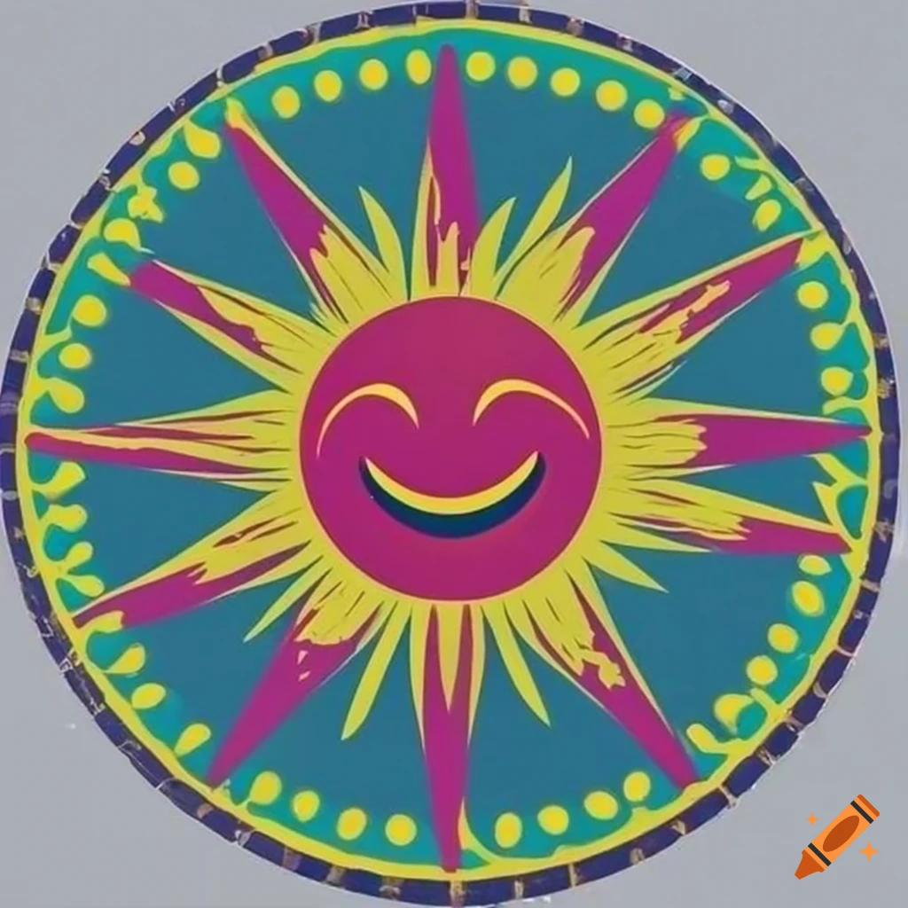 Classic smiling sun with colorful rays in a circle sticker on Craiyon