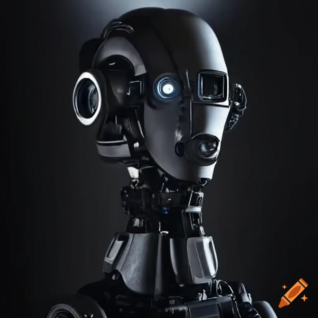 Dark realistic robot droid with a video camera head on Craiyon