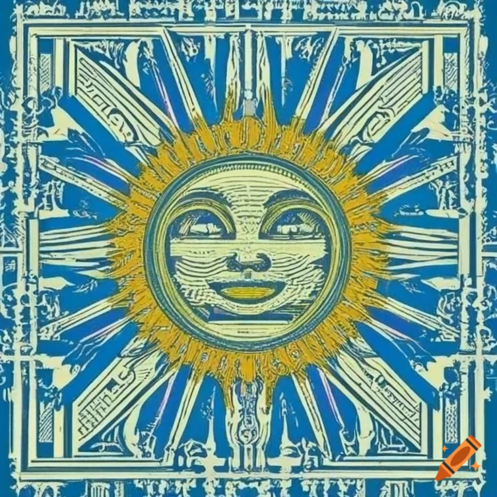 Smiling sun with colorful rays in a classical art deco engraving on Craiyon