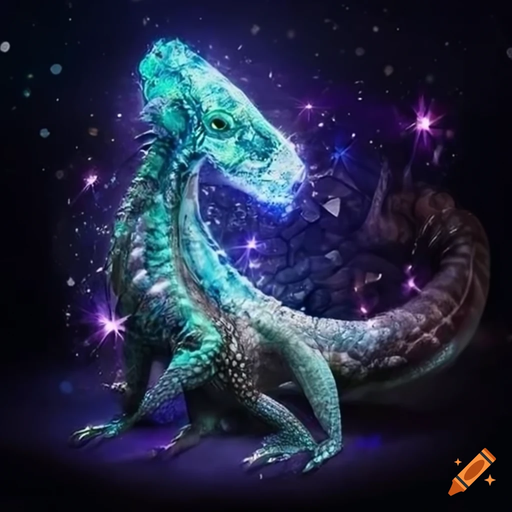Crystal fantasy reptile surrounded by stardust on Craiyon