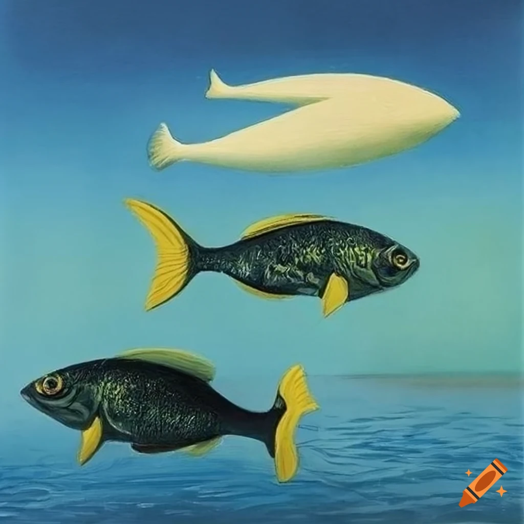 Artwork depicting fishes by rene magritte on Craiyon