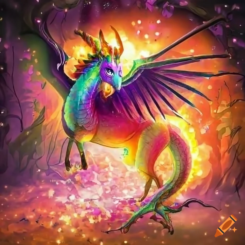 Unicorn dragon breathing rainbow glitter fire in a magical forest on ...