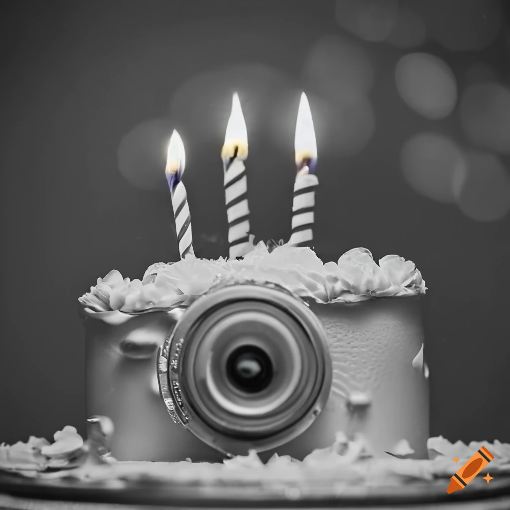 Birthday cake shaped like a camera with candles in black and white on ...