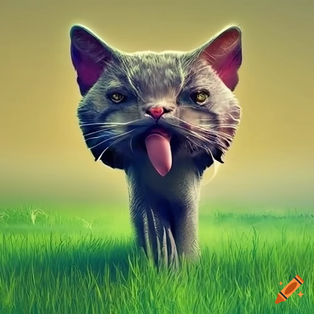 Illustration of a cute elephant-cat hybrid frolicking in a grassy ...