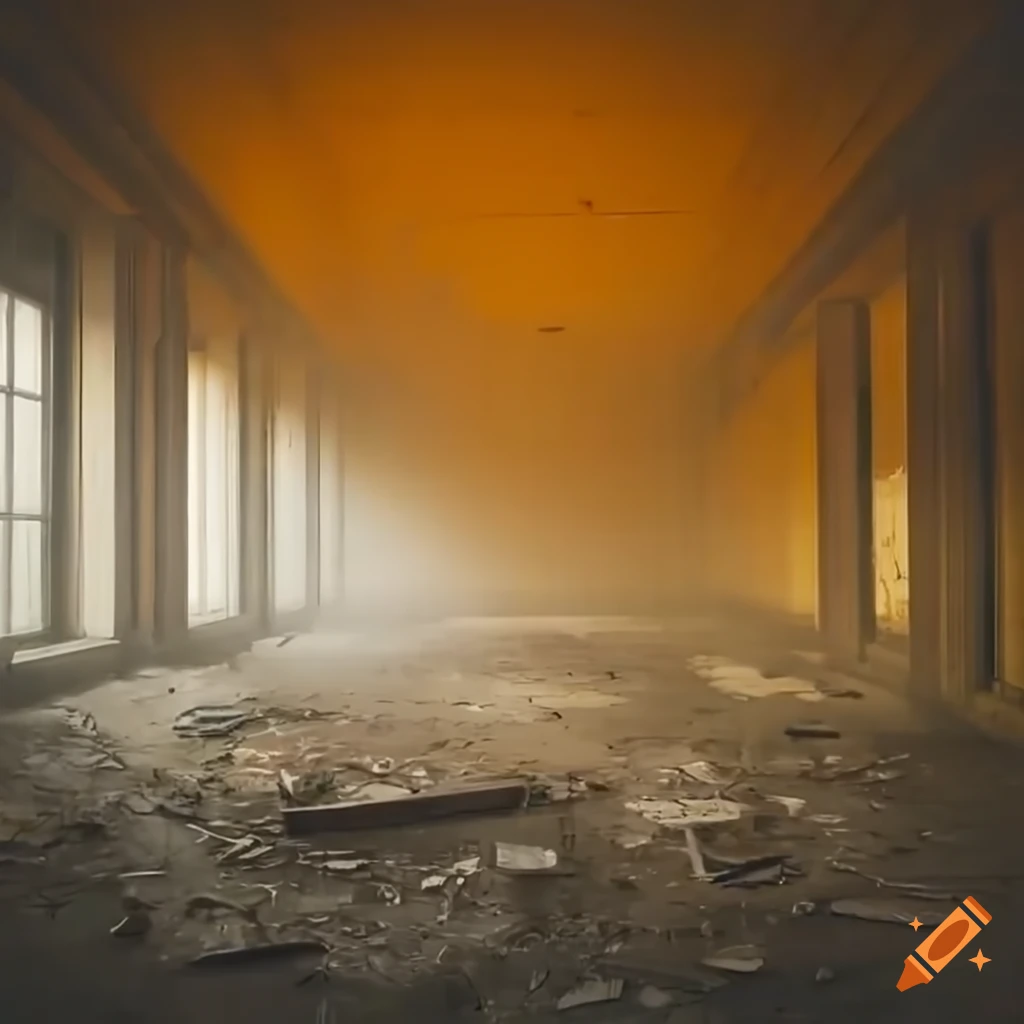 Abandoned conference room in amber fog with long horizontal industrial ...