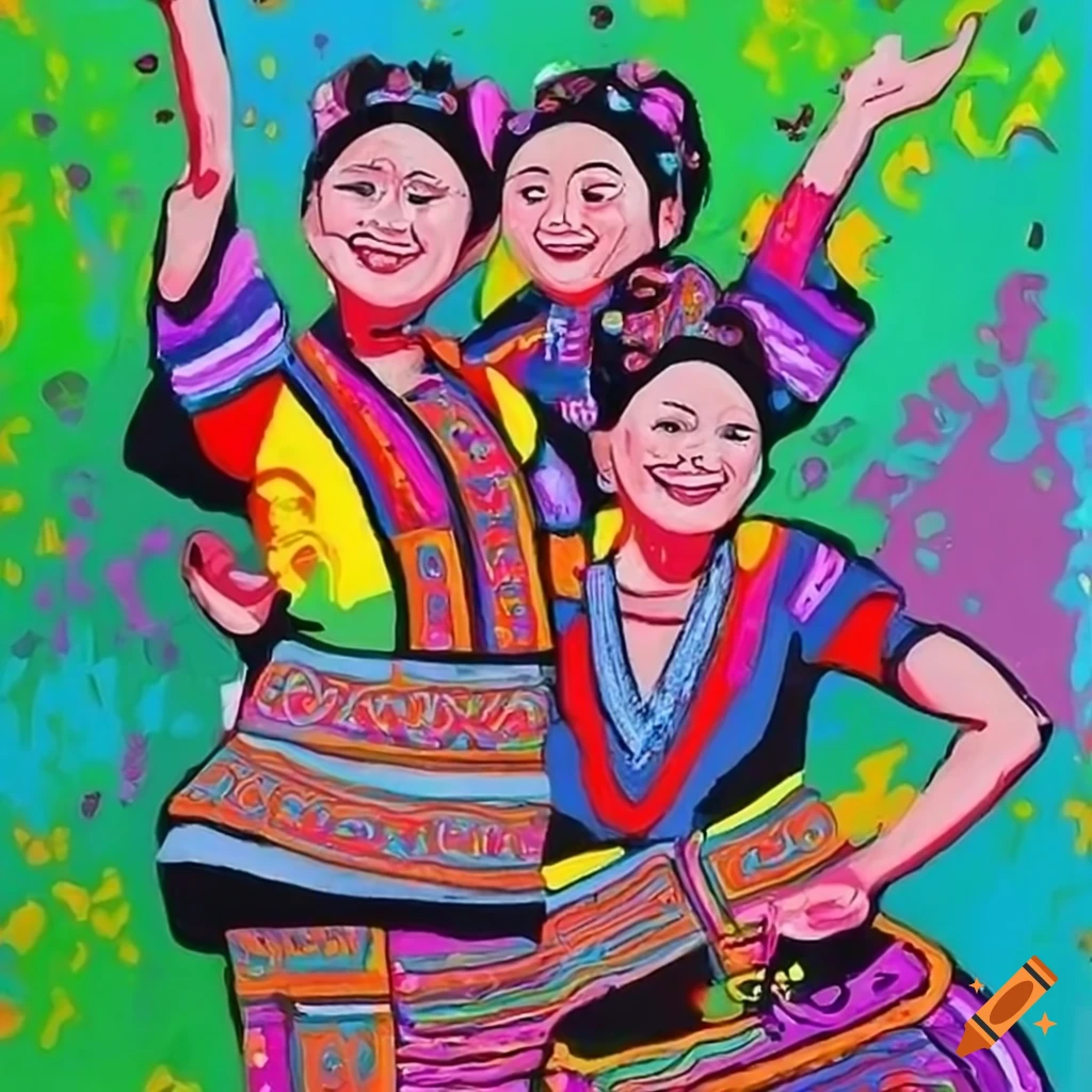 Colorful pop art painting of a lively Hmong village dance party on Craiyon