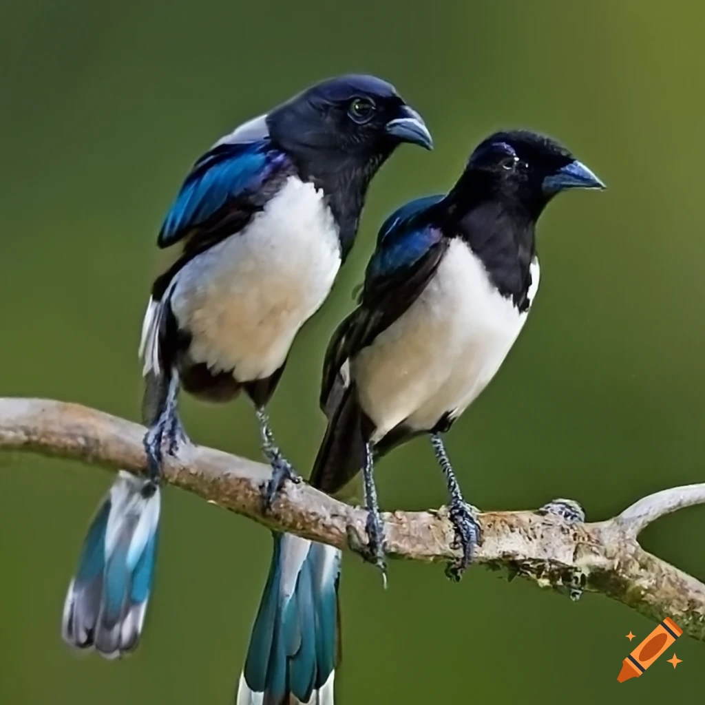 Two magpies perched on a branch on Craiyon