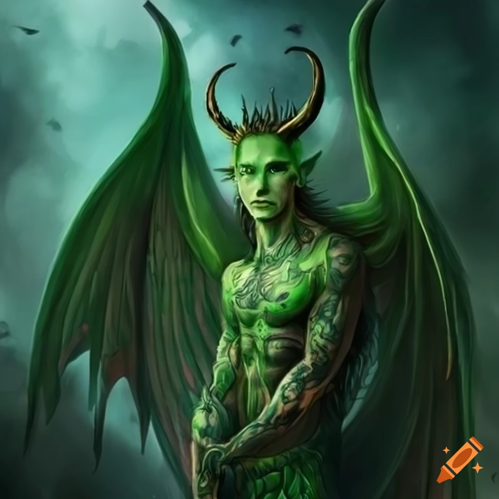 Illustration of a male tattooed green fey devil with wings in a fantasy ...