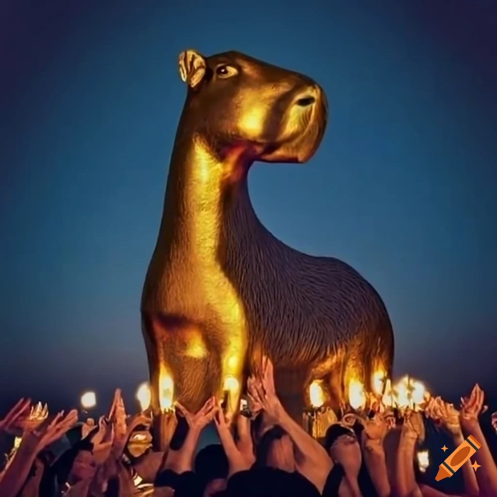 Crowd of people praying to a golden capybara statue on Craiyon