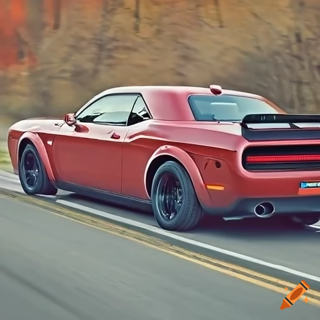 Dodge demon challenger on the highway, side rear view on Craiyon
