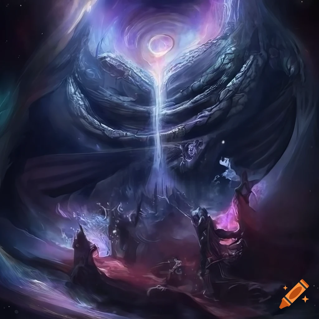 Stunning galactic battle between angels and demons with swirling circle ...