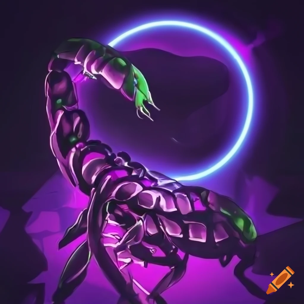 Neon purple and green scorpion anime art on a dark background in a ...