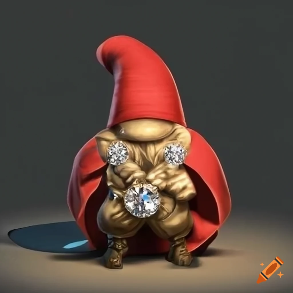 Gnome from dnd in golden suit and red robe with diamond rings on Craiyon
