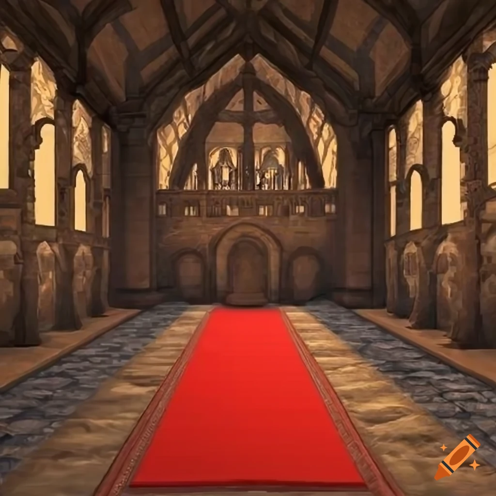 Medieval castle's main hall with a red carpet in warm 2d colors on Craiyon