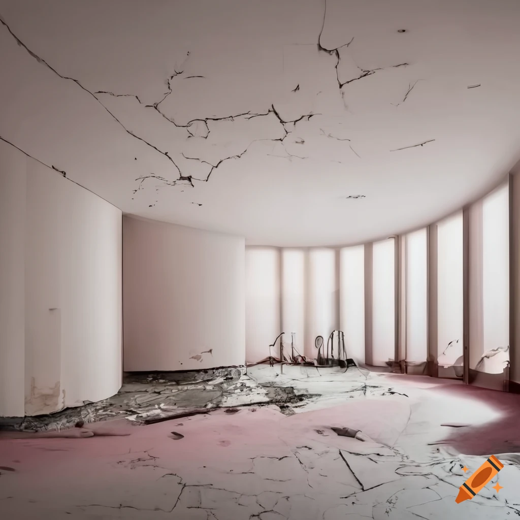 Abandoned modern lobby with cracked tile floors and pink couches on Craiyon