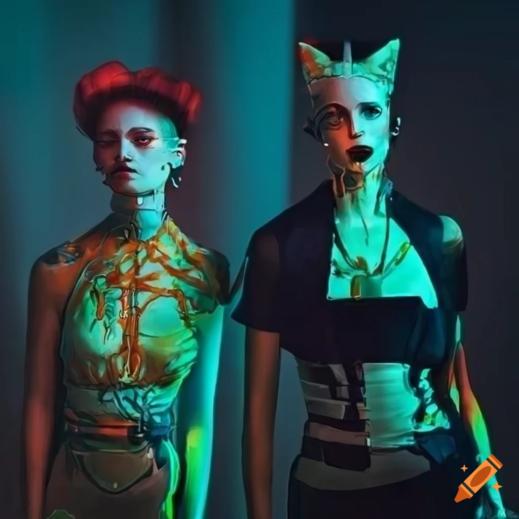 Digital illustration of biopunk family in a biopunk setting surrounded ...