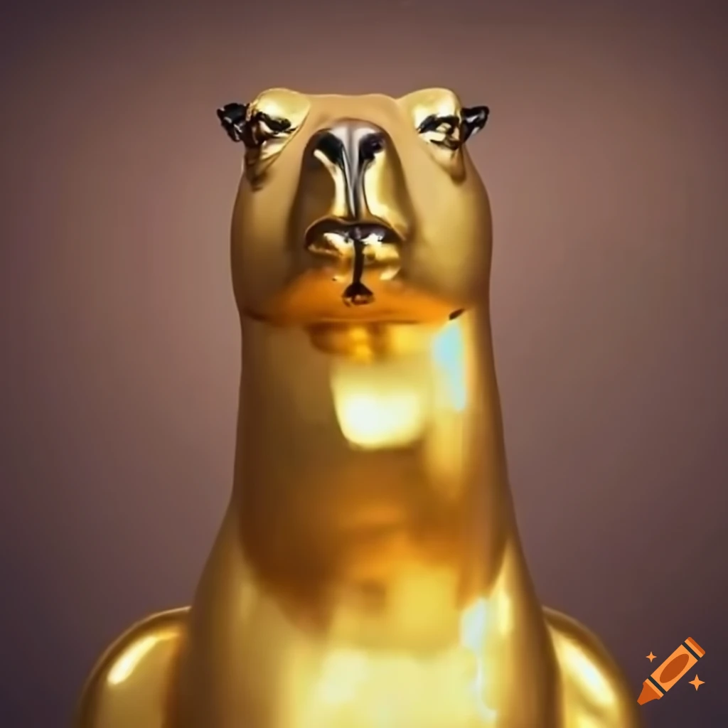 Crowd of people praying to a golden capybara statue on Craiyon