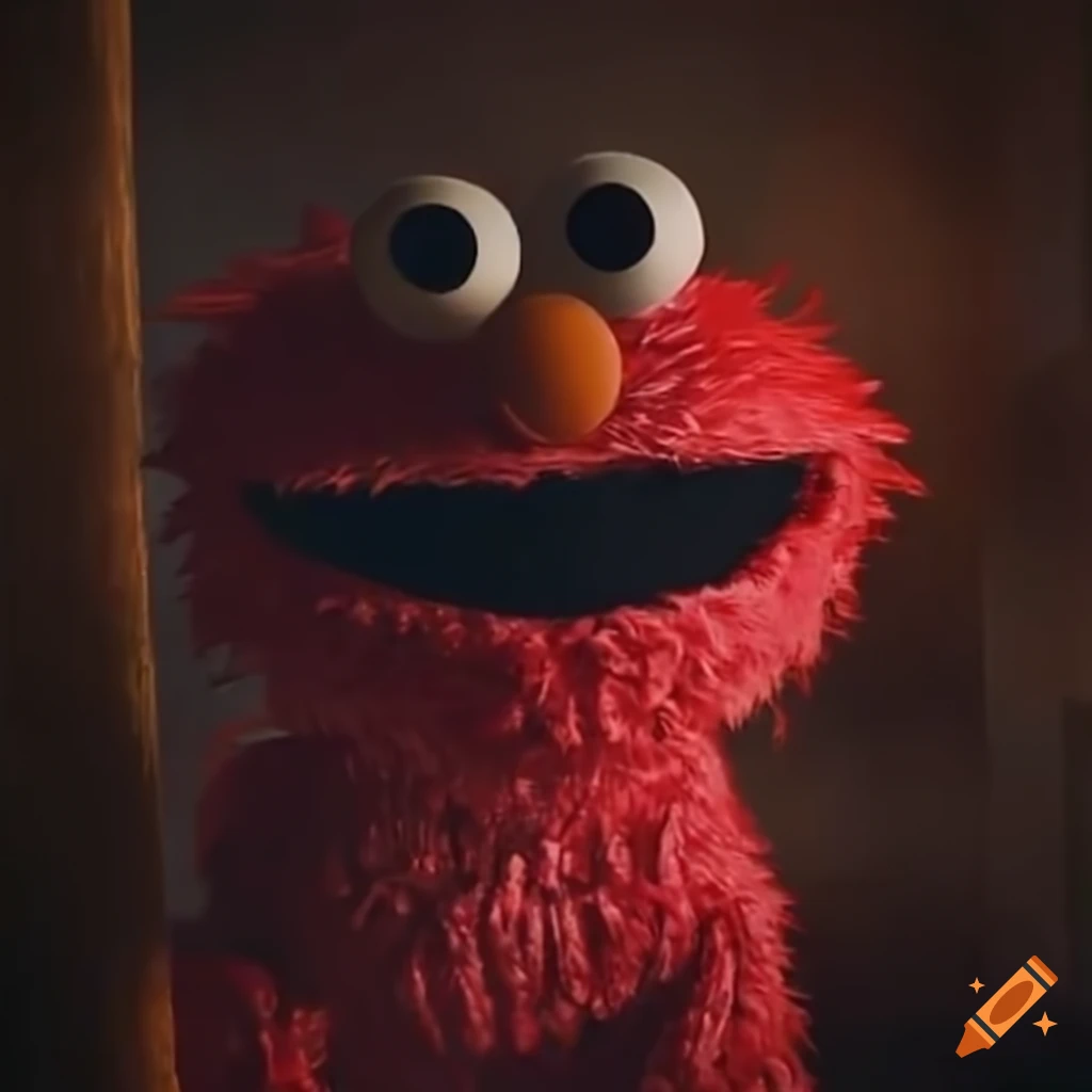 Elmo in a dark alley in a horror movie setting on Craiyon