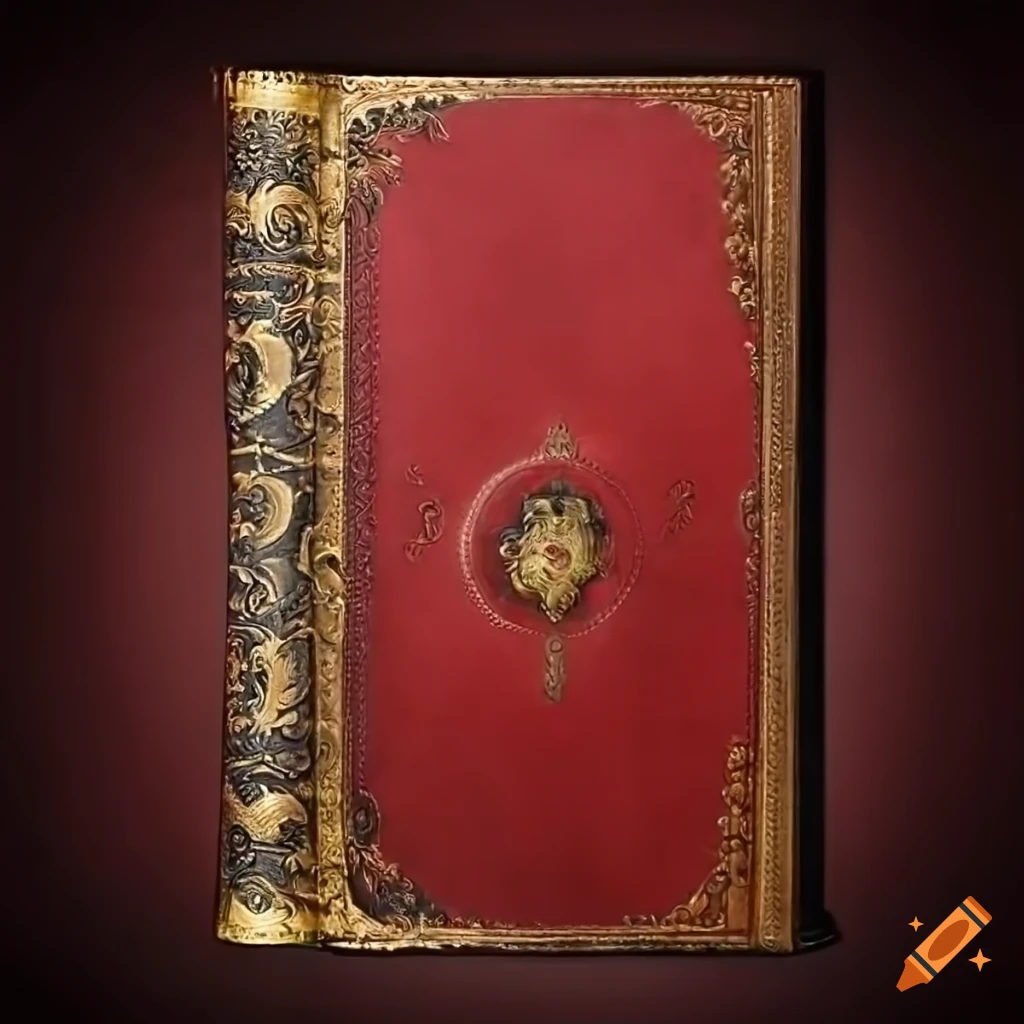 Highly decorated vintage red leather magical book with intricate ...