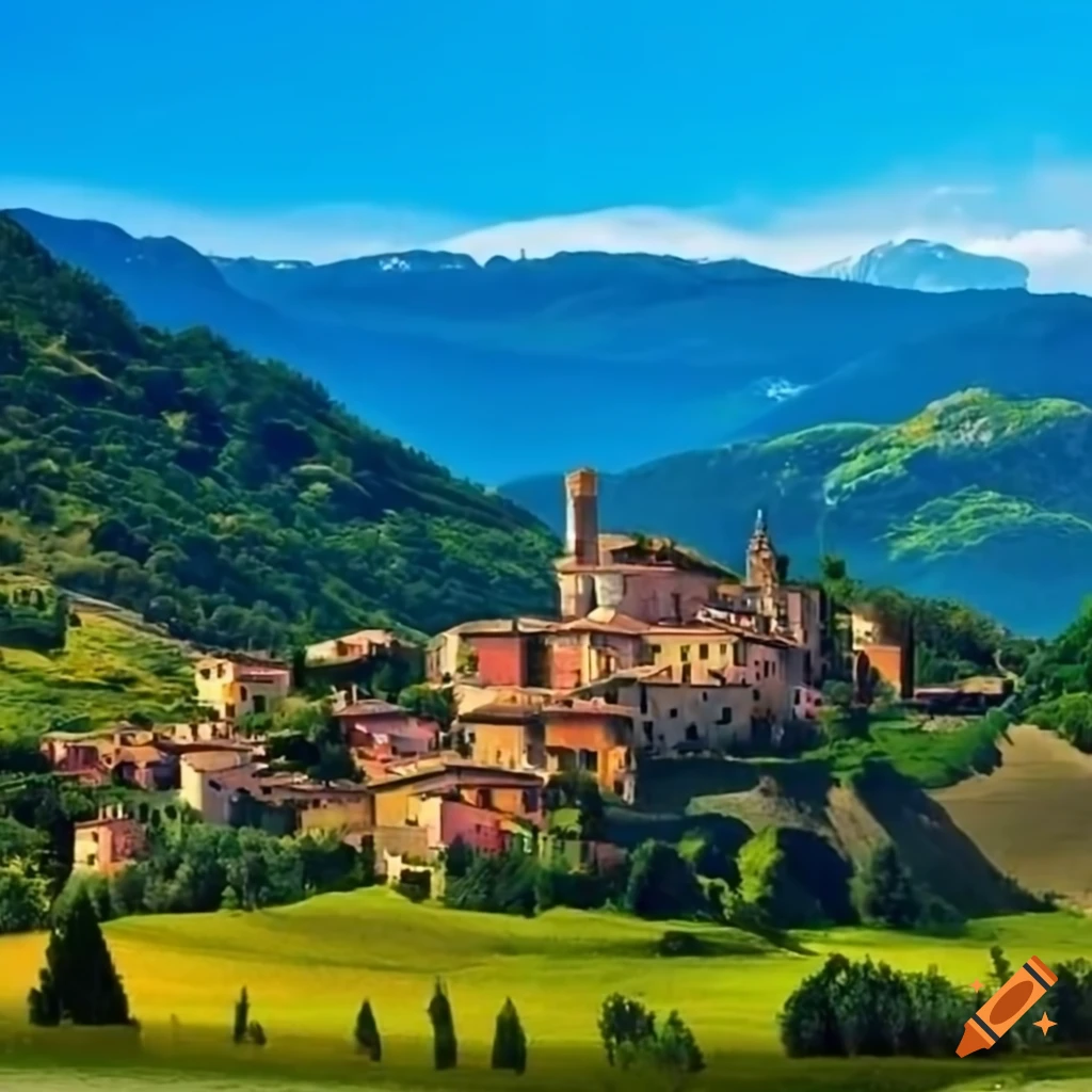 Italian countryside with small village under a blue sky on Craiyon