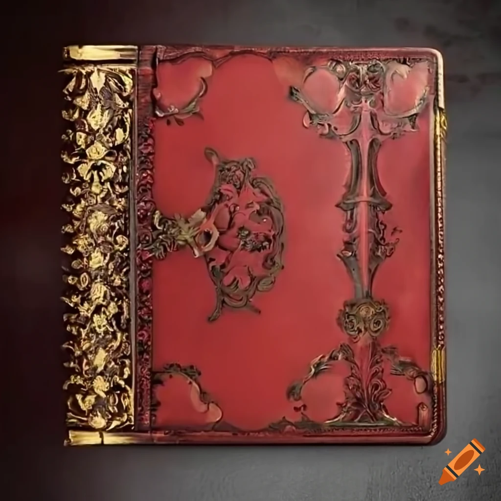 Highly decorated vintage red leather magical book with intricate ...