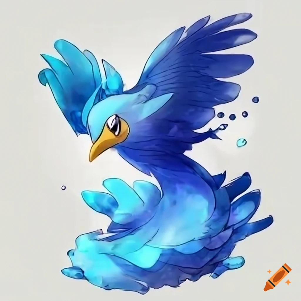 Blue bird with water element in a pokemon style on Craiyon