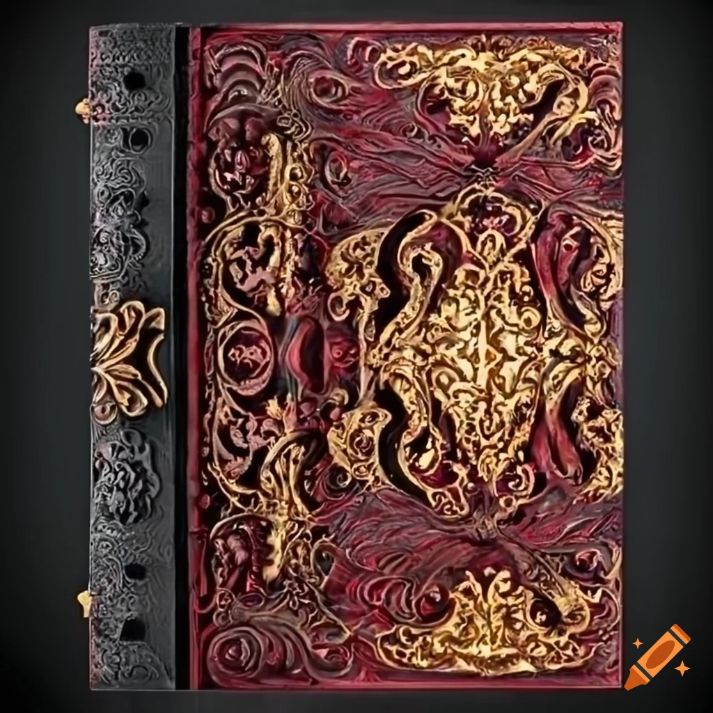 Intricately embossed deep red and black leather book with golden ...