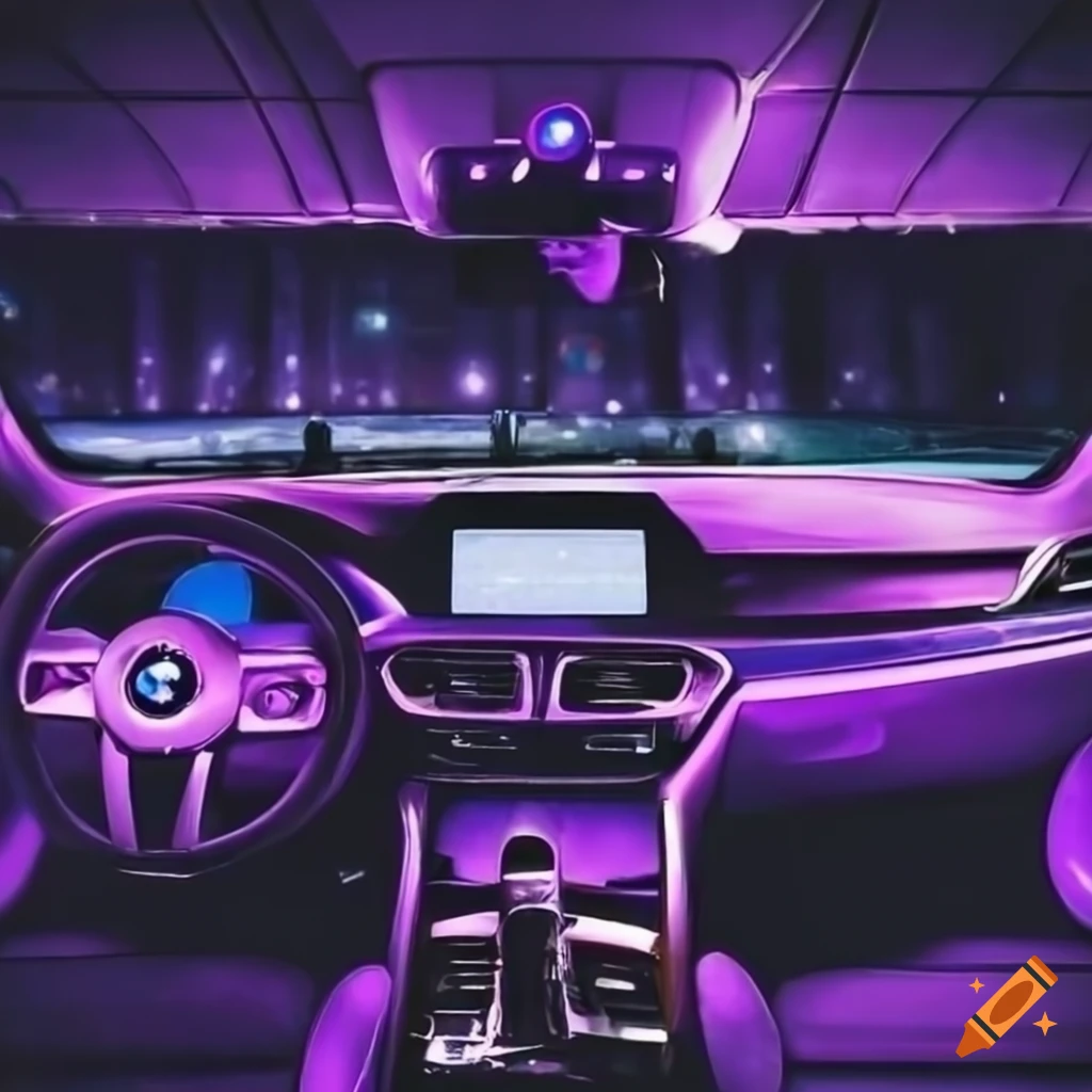 Luxury bmw car interior with a starry night purple aesthetic on Craiyon