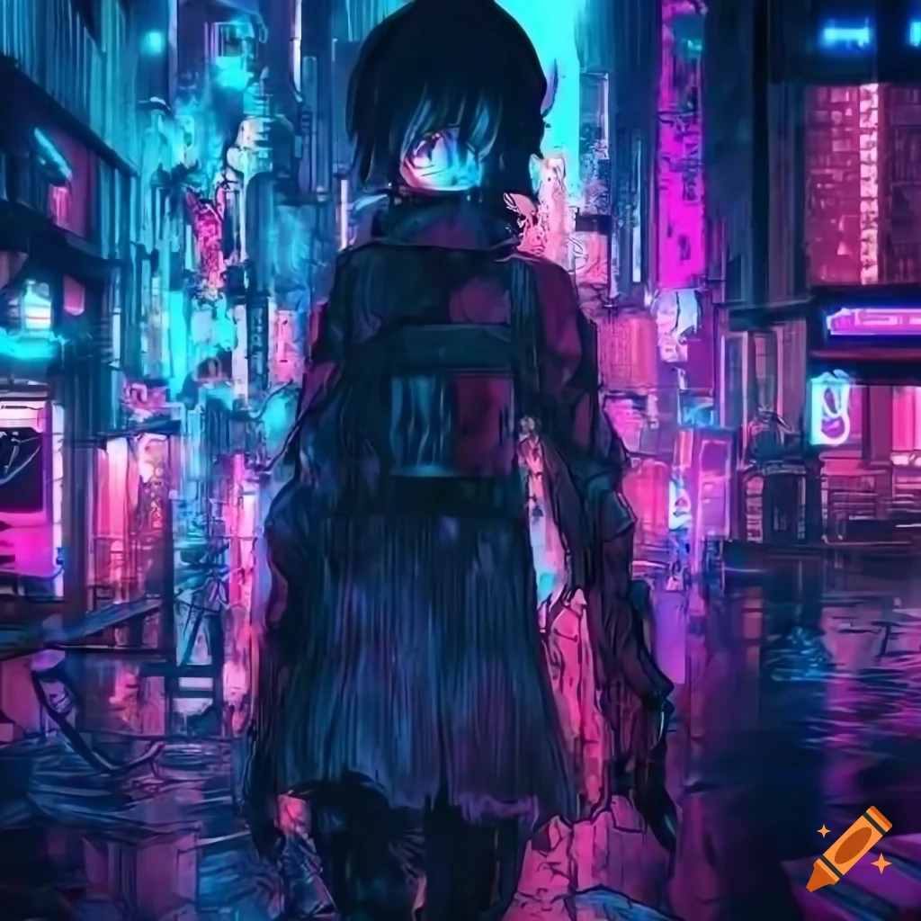 Highly detailed anime character with cyberpunk elements in a neon-lit ...