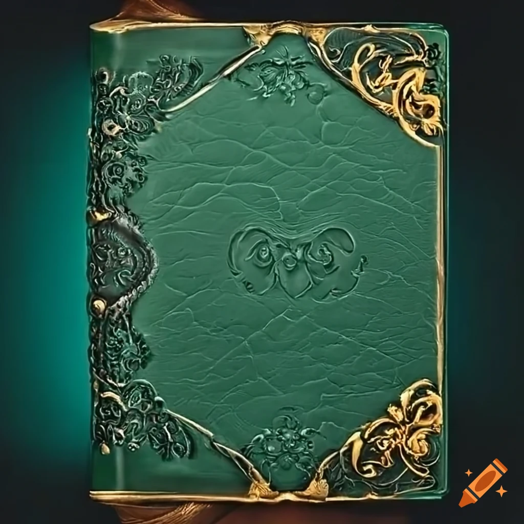 Detailed green and black leather bound book with golden filigree on Craiyon