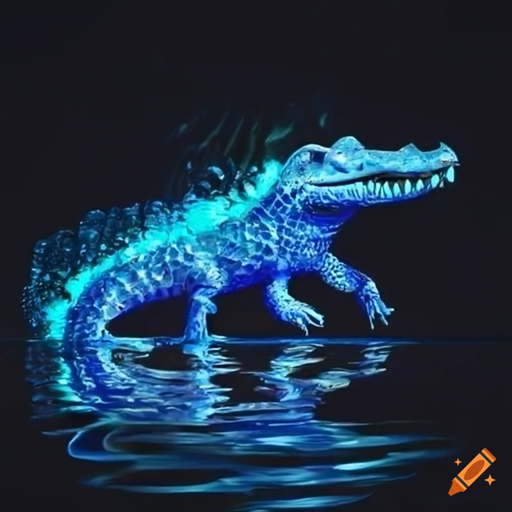 Sapphire crocodile in glowing lake in fantasy style on Craiyon