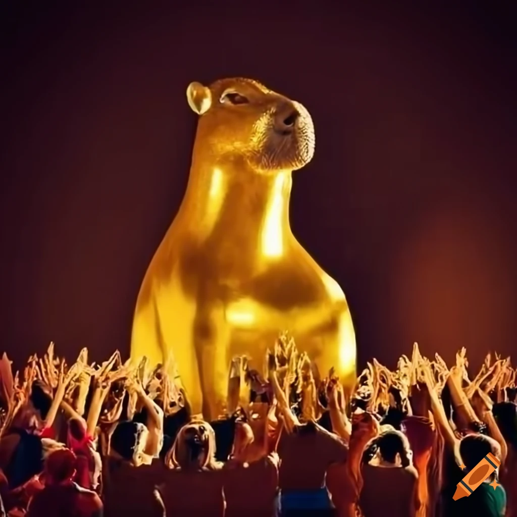 Crowd of people praying to a golden capybara statue on Craiyon