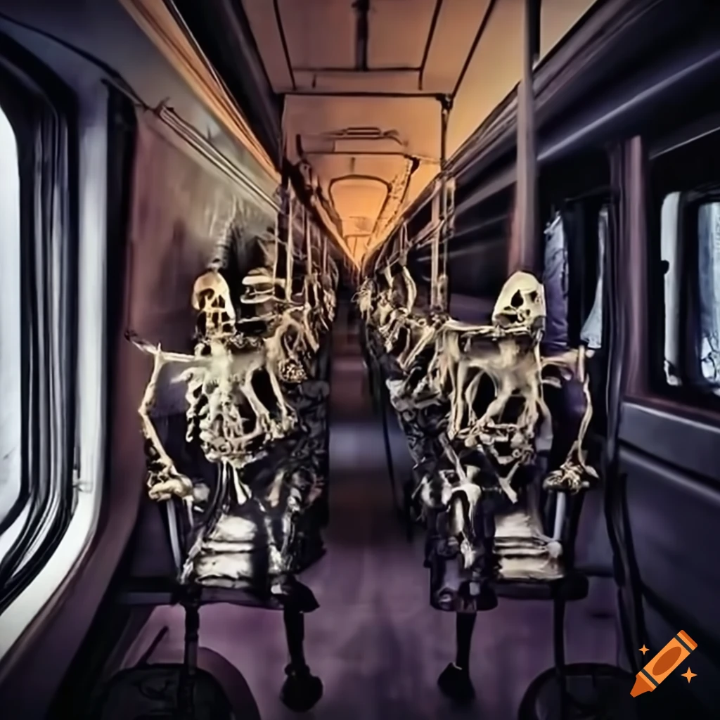 Skeletons in a passenger train carriage on Craiyon