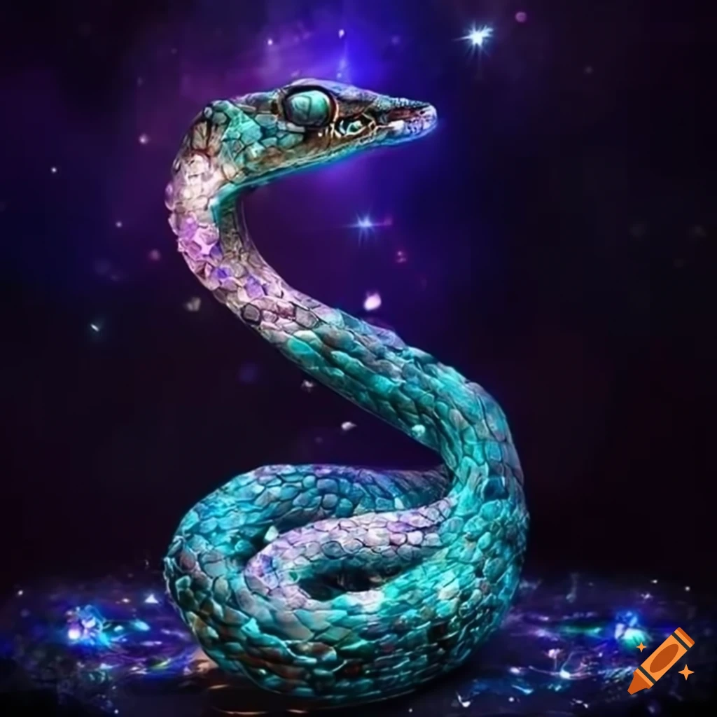 Crystal fantasy snake surrounded by stardust on Craiyon