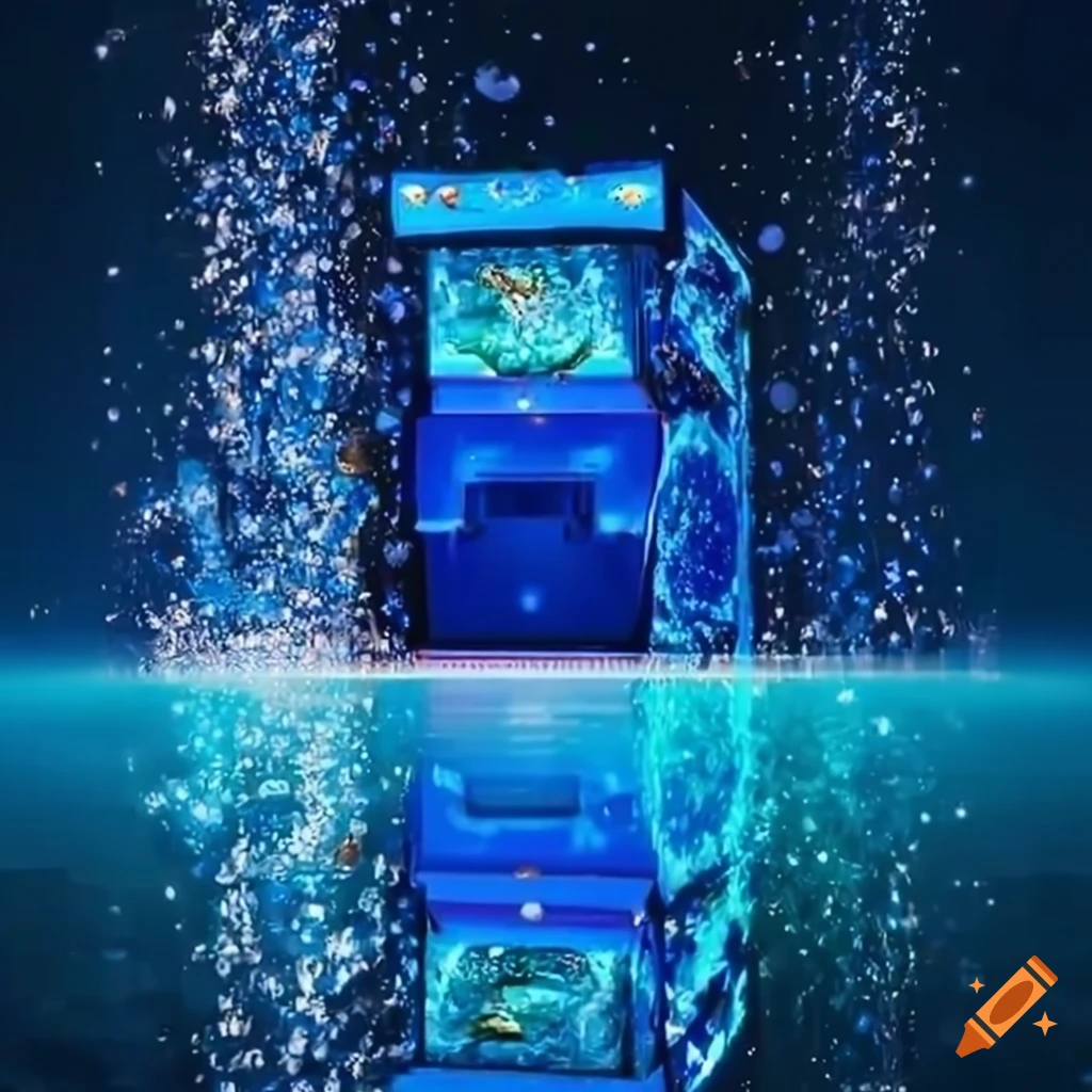 Blue-themed arcade machine with water visuals and reflections on Craiyon