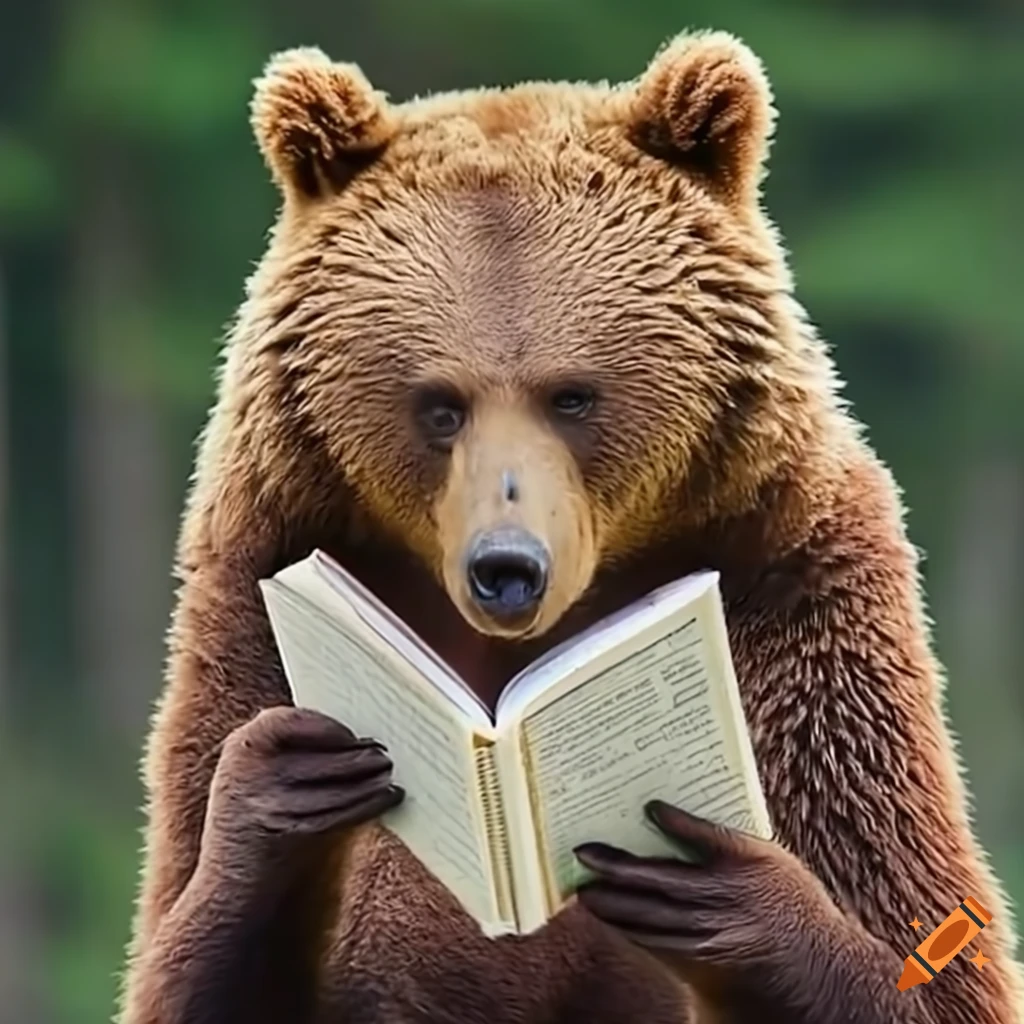 Adorable brown bear reading a book titled 'stacking rare' on Craiyon