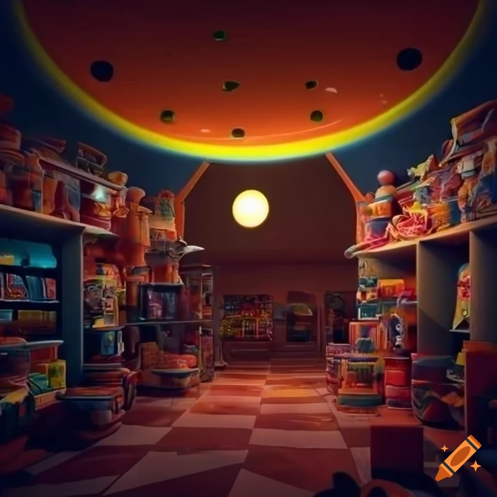 Colorful toy store with liminal and eerie space themed ceiling on Craiyon