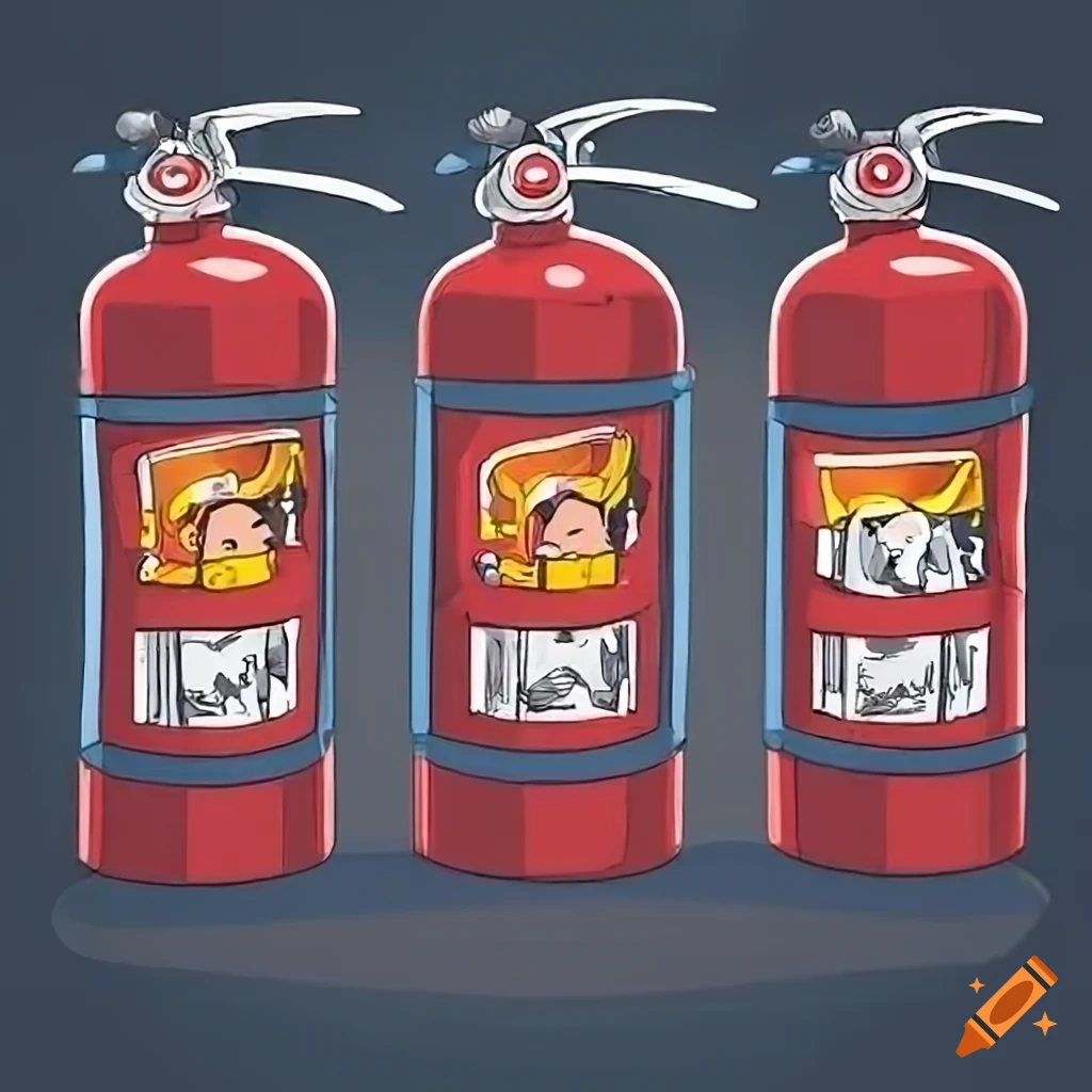 Five fire extinguishers in comic style on Craiyon