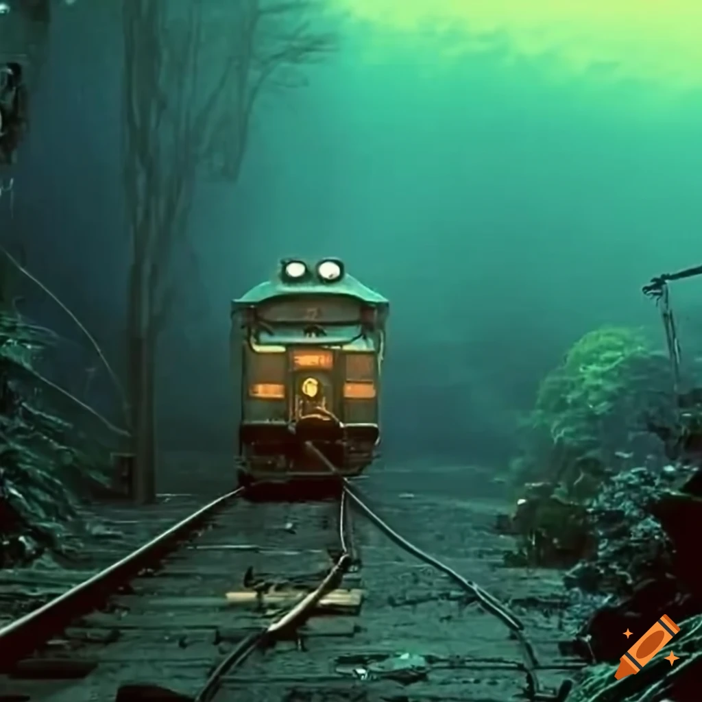 Train in the jungle with a blade runner style atmosphere on Craiyon