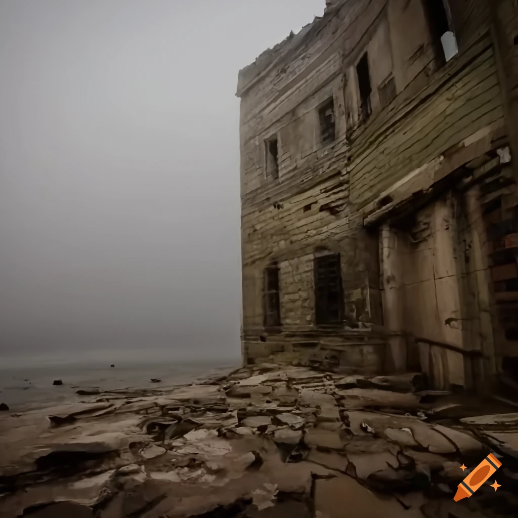 Close-up of abandoned brick buildings sinking into the ocean in pale ...