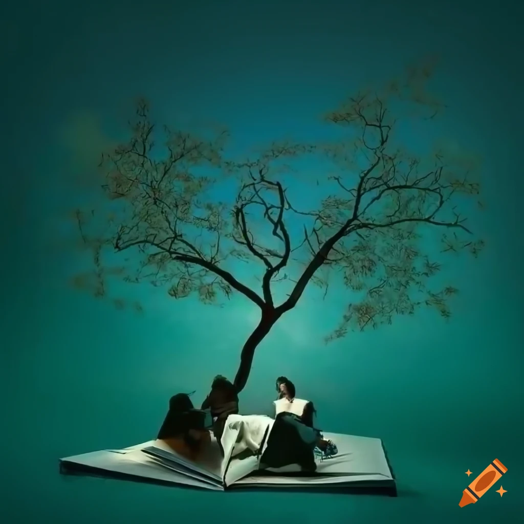 Open book with emerging tree surrounded by diverse group of people on Craiyon
